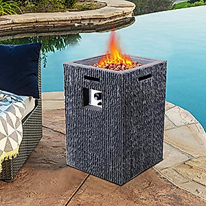 19 inch Outdoor Propane Fire Pit Table, 40,000 BTU Patio Gas Heater Column with Vertical Texture Surface, Red Lava Rocks, and Waterproof Cover