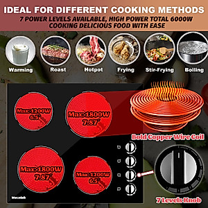 Weceleh Electric Cooktop 24 Inch 4 Burners, 24 Inch Electric Cooktop 4 Burner, Electric Stove Top 24 Inch, 24 Electric Cooktop Ceramic, Knob Control, Drop Built-In, Black, 220-240V, Glass, 6000W