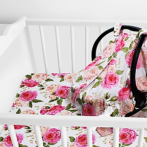 Dear Baby Gear Floral Baby Car Seat Canopy with Snap Button Opening - Newborn & Toddler Carseat Cover - Nursing Covers - Infant Chair Essentials (Pink Rose/Pink Dot, 40" x 30")