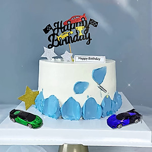 Cars Cake Topper Model Racing Car Chequered Flag Sports Themed Birthday Party Decor Supplies Decorations for Boys Kids