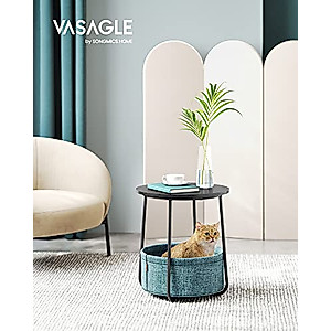 VASAGLE Small Round Side End Table, Modern Nightstand with Fabric Basket, Classic Black, Dark Turquoise
