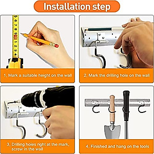 WALMANN All Metal 64 Inch Wall Mount Garden Tool Organizer for Garage, Mop and Broom Holder, Yard Tool Storage Rack for Rake, Shovel, Spade, Mop, Broom, Wall Mount Storage Organizer(4 Rails, 16 Hooks)