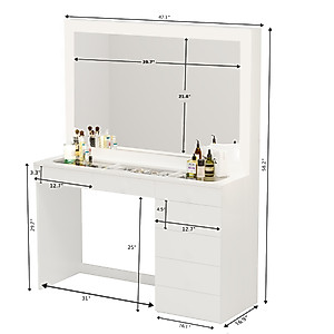 Boahaus Serena LARGE Makeup Vanity with Hollywood Lights Built-in, 7 Drawers, Hollywood Mirror, Hairdryer Hanger, Glass Top, Crystal Knobs, White Vanity Makeup Desk for Bedroom, 58'' Hx47''Wx17''D