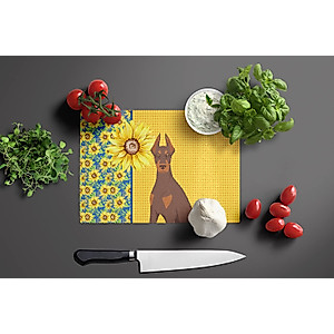 Caroline's Treasures WDK5410LCB Summer Sunflowers Red and Tan Doberman Pinscher Glass Cutting Board Large Decorative Tempered Glass Kitchen Cutting and Serving Board Large Size Chopping Board