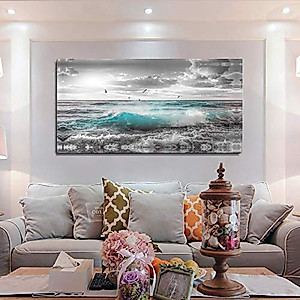 Framed Wall Art Canvas Ocean Decor Beach Theme Bedroom Large Sunset Blue Ocean Waves Seagulls Panels for Interior Bathroom Wall Décor Scenery Bed Dining Room Peel And Stick Decorative 24"x48"