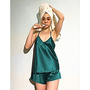 Ekouaer Sleepwear Womens Sexy Lingerie Satin Pajamas Cami Shorts Set Nightwear,Green,Small