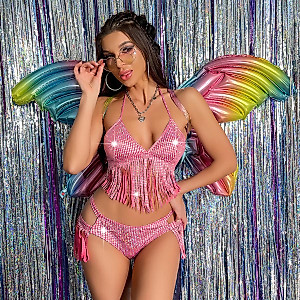 Pink Rave Outfits for Women: Music Festivals Clothes Shiny Rave Bra Crop Top with Thong Tassels Fringes Skirt Coverup Bottoms 2 Piece Lingerie Halloween Space Cowgirl Costume Cosplay Hot Pink Medium