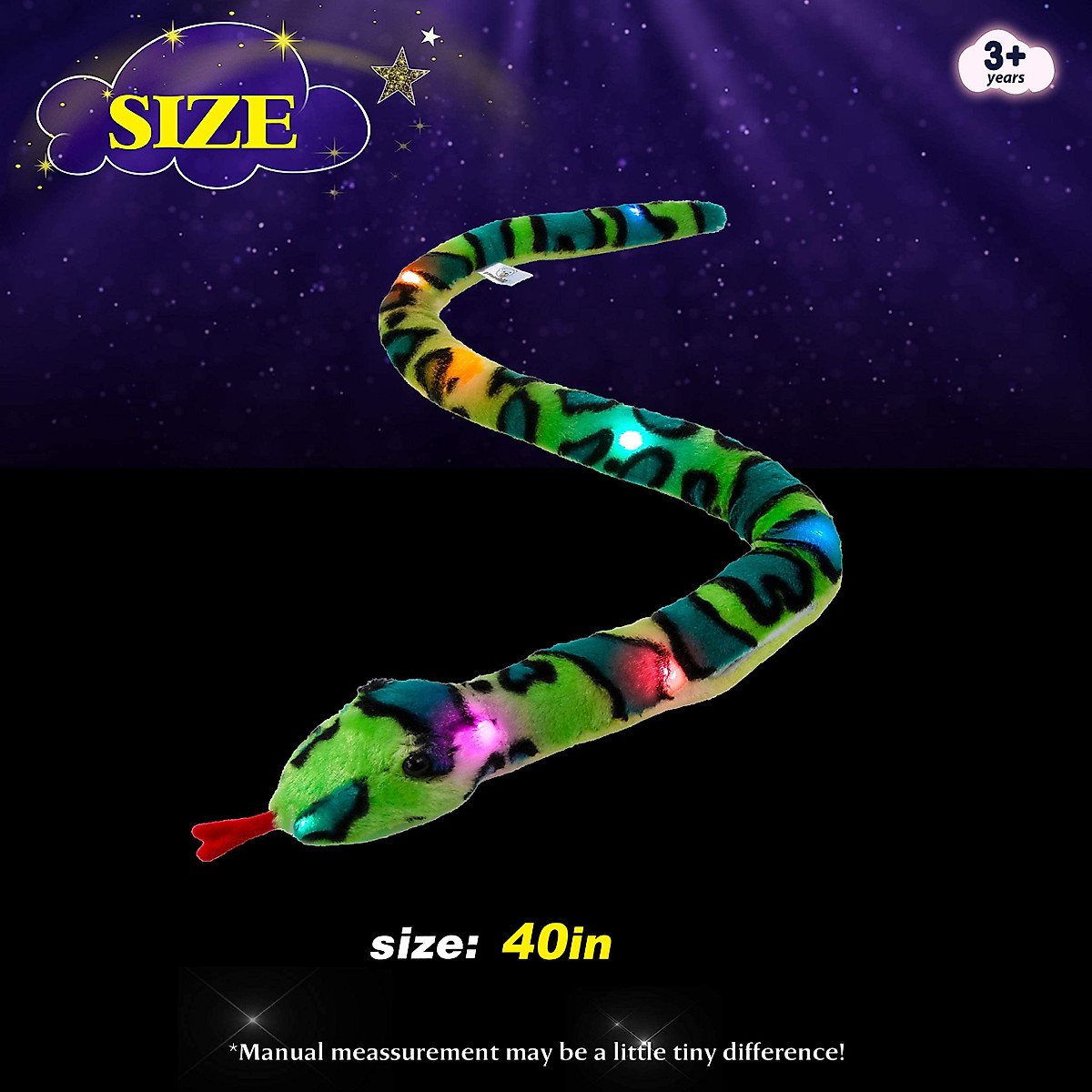 Houwsbaby Green Realistic 40'' LED Light Up Snake Stuffed Animal Snake Plush Toy Glowing Up Stuffed Animal for Practical Jokes,Playtime Fun Soft Kids Christmas Halloween Birthday Festival Presents