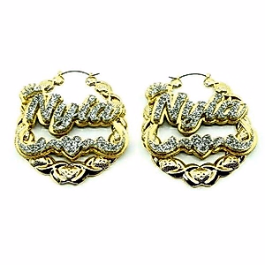 Personalized Custom Gold Hoop XOXO Earrings Name Plate Laser Cut Design Stunning Look - Quality, Attractive Gold Hoop Earrings With Swirls Heart and Crown on Top, Made To Order - 2.5 INCHES size