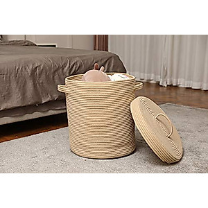 16" x 16" x 18" Large Cotton Rope Storage Basket with Lid, Full Beige with Cover
