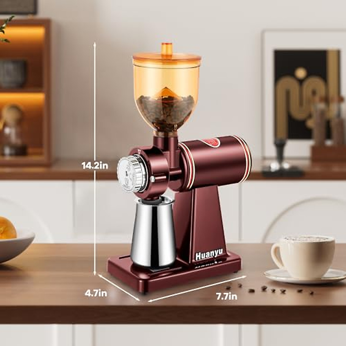 Huanyu Stainless Steel Coffee Grinder Electric with 8 Grinding Settings Flat Burr Coffee Grinder Adjustable Burr Coffee Grinders for Home Use Red