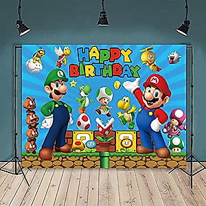 chaungda Super Mario Happy Birthday Banner Backdrops Game Gold Coin Party Supplies Photography Photo Backgrounds Sign Indoor Outdoor Yard Signs Decoration Kids Decor 5x3ft zf-2020967-5x3ft-fba