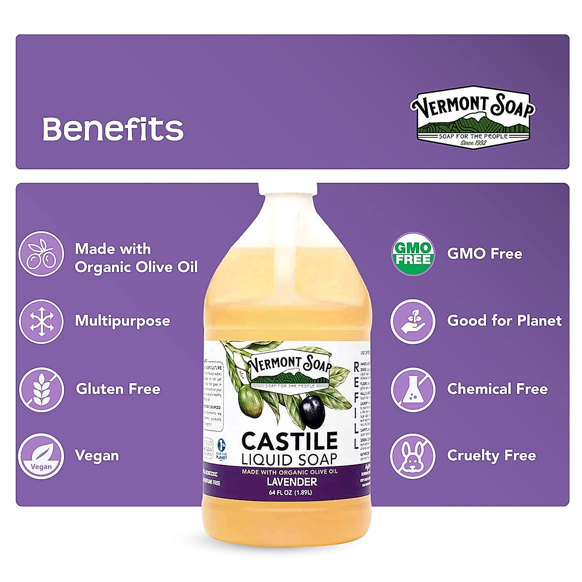 Vermont Castile Soap Lavender, Gentle Liquid Soap for Sensitive Skin & Natural Body Wash, Organic Hair Shampoo for Oily Hair, Aloe Castile Soap for Men & Women - 64 Oz