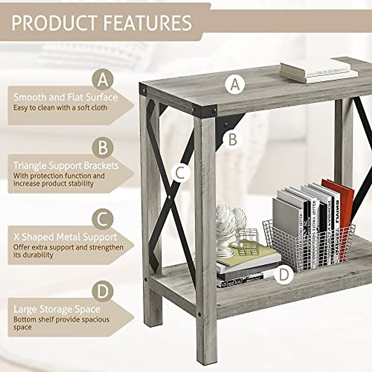 IDEALHOUSE Narrow End Table for Small Spaces, Rectangular Farmhouse Nightstand Sofa Side Table for Living Room, Bedroom, Lounge(Grey)