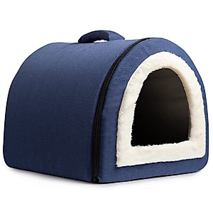 Hollypet Linen Cat Bed, Self-Warming 2 in 1 Foldable Cave House Animal Shape Nest Pet Sleeping Bed, Blue