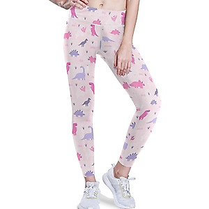visesunny High Waist Yoga Pants with Pockets Cute Dinosaur Pink Pattern Tummy Control Workout Running Yoga Leggings for Women