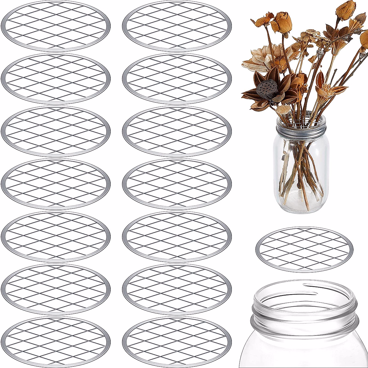 15 Pieces Mason Flower Jar Insert Lid for Wide Mouth Mason Canning Jars Metal Flower Lid Insert Mason Grid Flower Organizer Lid Insert Mason Jar Lids with Straw Hole