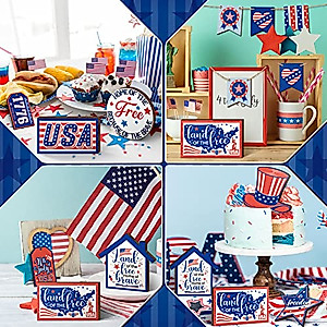 12 Pcs 4th of July Tiered Tray Decor Patriotic Decorations Independence Day Mini Sign Gnomes Plus Bead Garland Red White Blue Wood Signs Items Farmhouse Decor for Home Memorial Day (Delicate Style)
