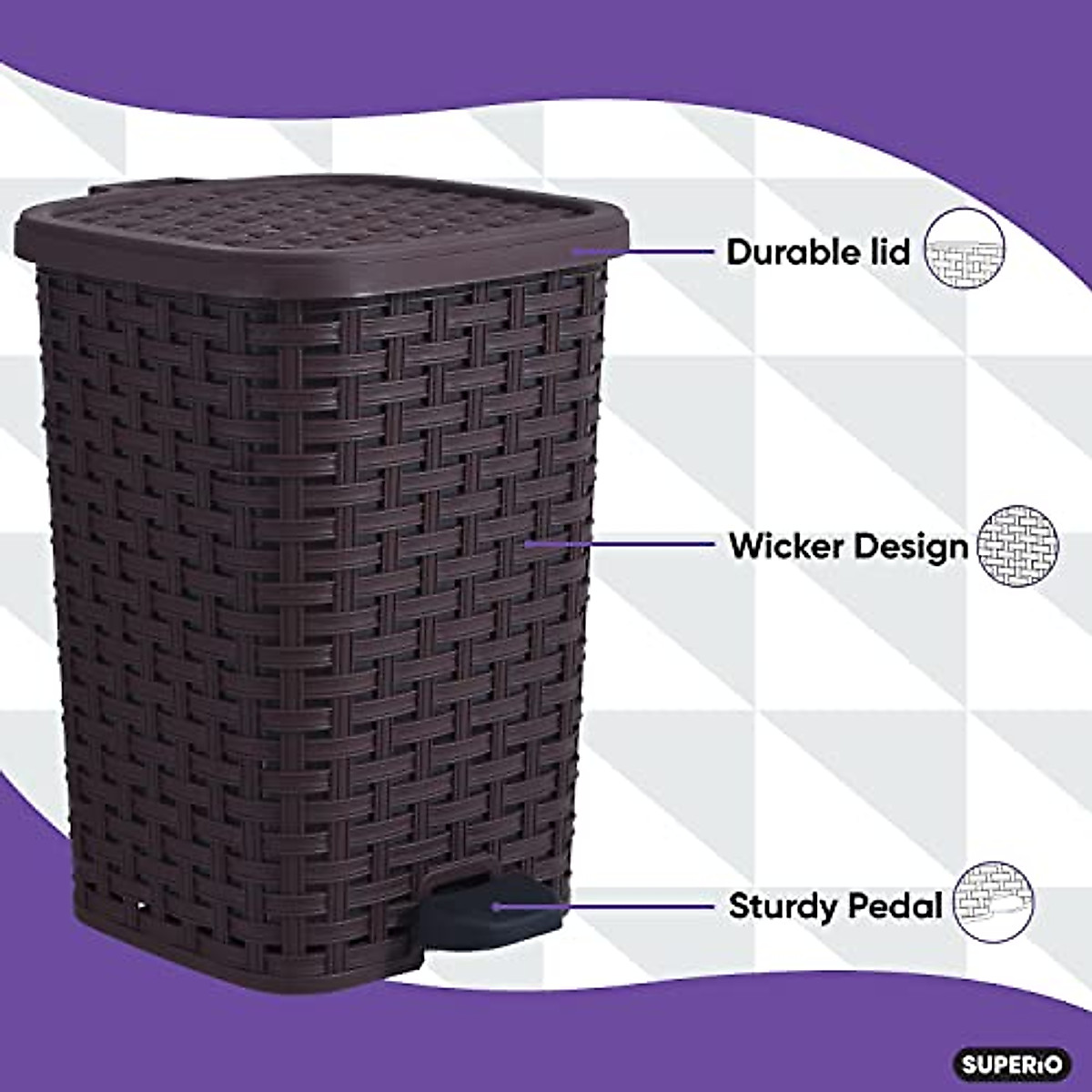 Superio Rattan Style Compact Trash Can, 3.1 Gallon, Brown