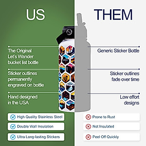 LET'S WANDER Original Lets Wander National Park Water Bottle with Waterproof Stickers - 32oz Leakproof Insulated Stainless Steel with Straw - Parks of the USA Bucket List Bottle [WHITE]