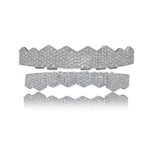 LKV Silver Grillz for Your Teeth 8 Top & 8 Bottom, Hip Hop Iced Out Diamond Grills for Men and Women, Rapper Costume Jewelry Mouth Teeth Grillz with Extra Molding Bars