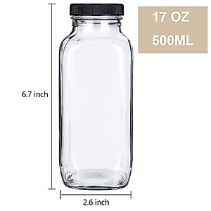 Yarlung 12 Pack 17Oz French Glass Spices Jars with Plastic Lids, Clear Square Water Juice Bottles for Storing Herbs, Condiments, Cereals, Milk, Beverages, Kitchen, Pantry, Office