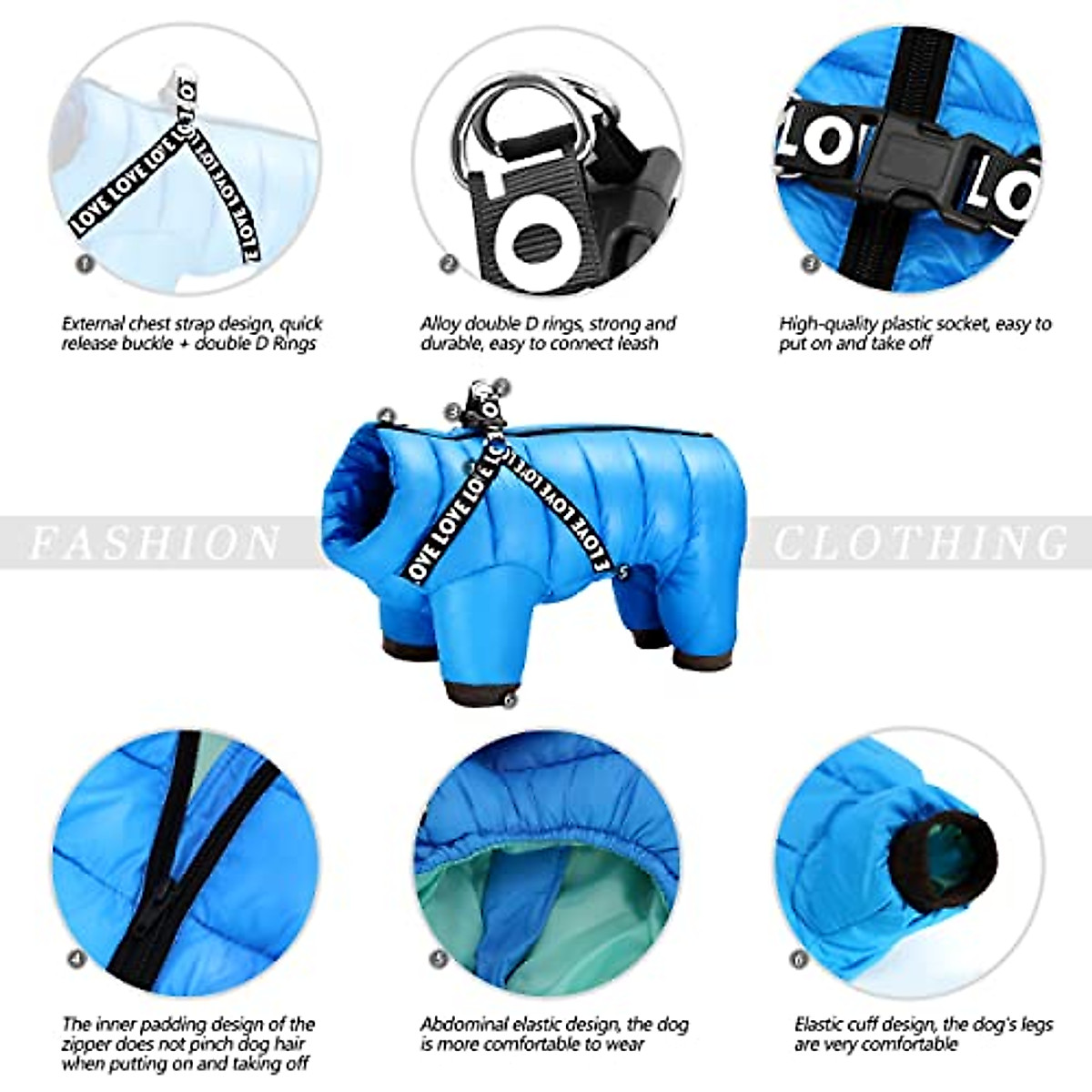 Didog Winter Small Dog Coats,Waterproof Jackets with Harness & D Rings, Warm Zip Up Cold Weather Coats for Puppy & Cats Walking Hiking,Blue,Chest: 13"