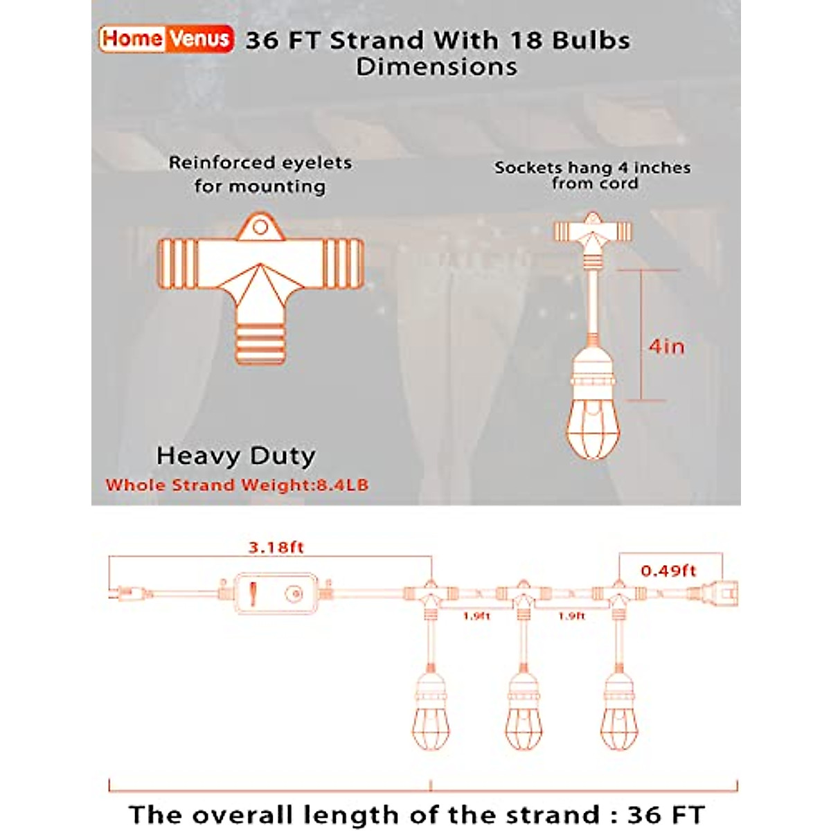 HVS Smart Outdoor String Lights LED 36Ft Color Changing RGBW Patio String Lights Infinite Connectable APP Control 2.4GHz WiFi Waterproof 18 Acrylic Work with Alexa Google for Party Outside Cafe