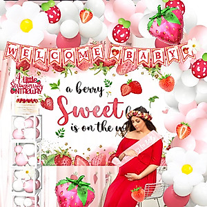 147pcs Strawberry Baby Shower Decorations Kit, A Berry Sweet Baby is on the Way Decorations Supplies, Strawberry Backdrop Tablecloth Balloon Cake Cupcake Topper Box Sash Banner for Baby Shower Girl