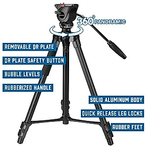 Barska AF13650 Professional Tripod with Fluid Head & Carrying Case for Spotting Scopes, Binoculars, Cameras, etc