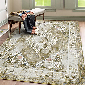 B BENRON Soft Living Room Rug 4x6, Brown, Thin Rugs for Bedroom, Floral Rug with Memory Foam, Low-Pile Area Rug Home Decor