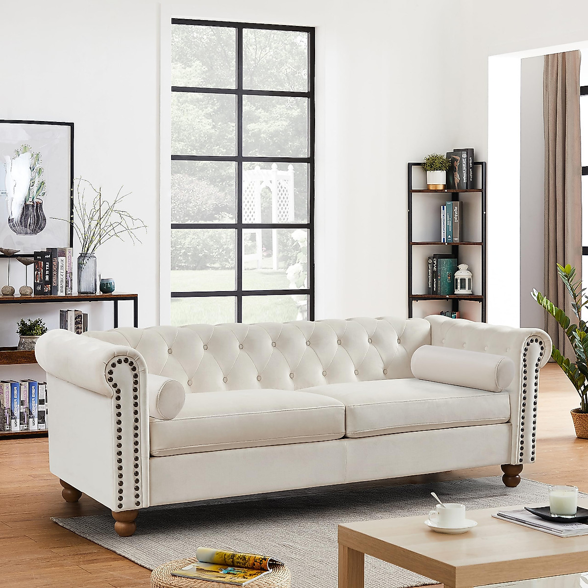 LKTART Modern Sofa Couch Upholstered Comfy Sofa Tufted Couch with Deep Seats, Chesterfield 3 Seater Sofa with 2 Pillows for Living Room Apartment Office Lounge White