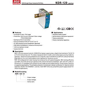 MEAN WELL NDR-120-12 DIN Rail Power Supply 120W 12V 10A Constant Current Low No-Load Loss Overheat Protection