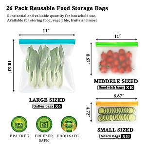 26 pack Reusable Food Storage Bags,BPA Free Reusable Bags Silicone(6 Reusable Gallon Bags+10 Reusable Sandwich Bags+10 Snack Bags), Reusable Freezer Bags for Kid Travel Outdoor
