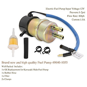 49040-1055 Electric Fuel Pump 12V for Kawasaki Mule Fuel Pump KAF620 Replaces for Kawasaki Mule 3010 3000 3020 2500 2510 2520 1000 (8mm In/Outlet), Mule Fuel Pump