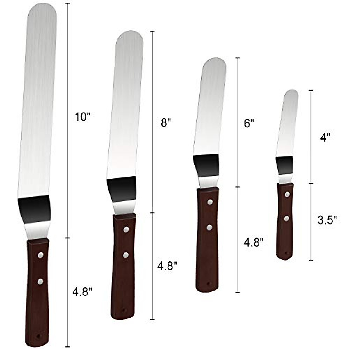 Cake Icing Spatula Set of 4 Packs(10"+8"+6"+4") and Cake Smoother Scraper Set of 3 Packs, Professional Stainless Steel Offset Spatula with Wooden Handle