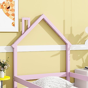 Luxo Abode Twin Size Montessori Floor Bed with Guardrails Fences, Pine Wood Bed Frame w/Chimney House-Shaped Headboard, Easy Assembly, for Toddlers, Children's Room, Playroom, Pink