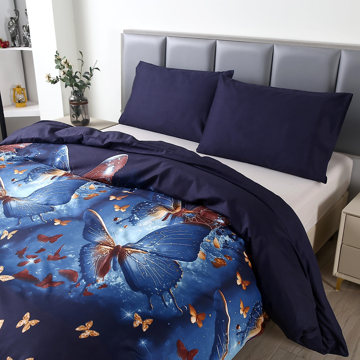 MAG 3pcs Butterfly Bedding Duvet Cover Set,Vintage Bedding Sets,Cute Duvet Cover Set for Toddler, Kids, Girls, Super Soft Microfiber (no Comforter) (Dark Blue, Twin)