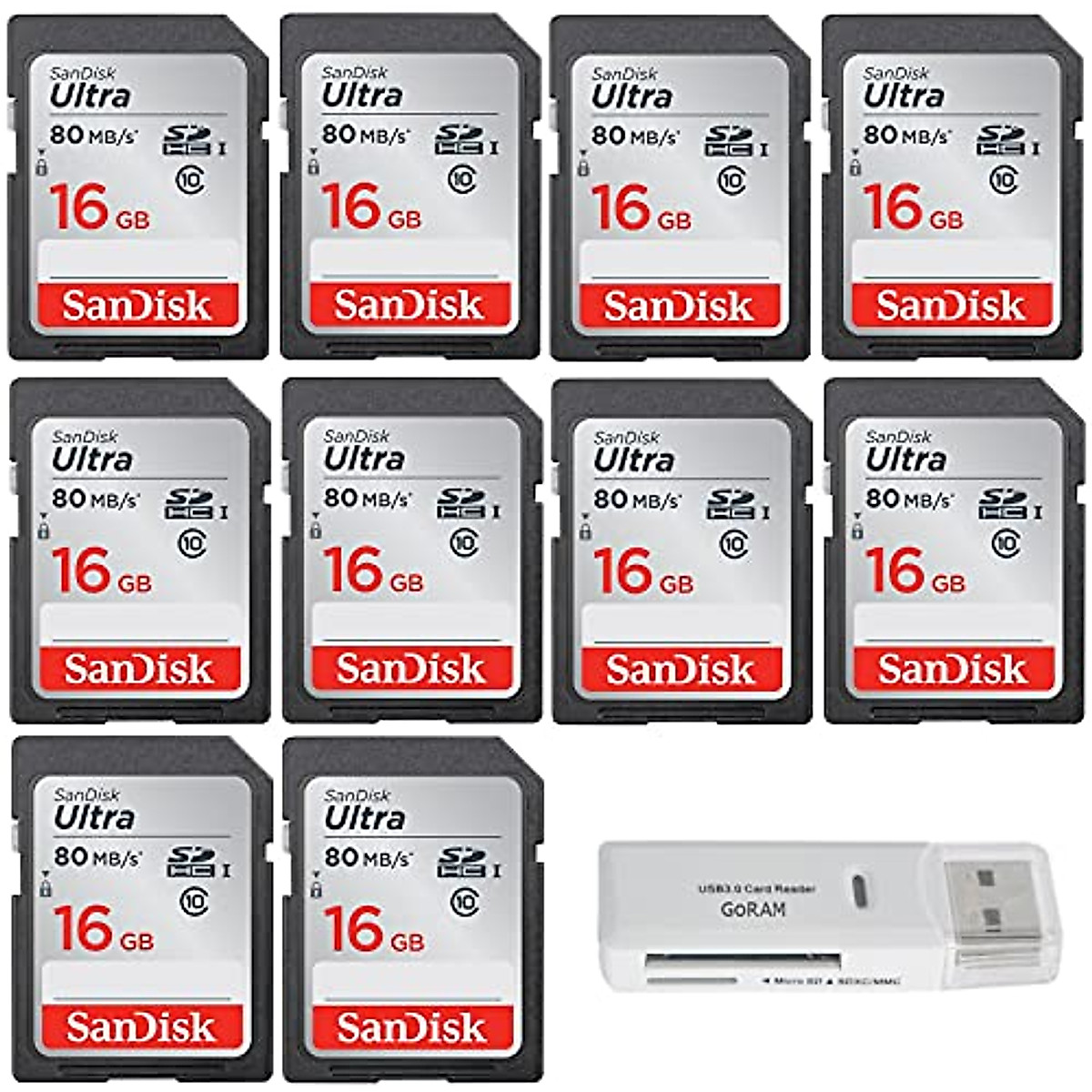 SanDisk 16GB (10 Pack) Ultra Class 10 SDHC 80MB/s UHS-I Memory Camera Card SDSDUNC-016G-GN6IN Bundle with (1) GoRAM USB 3.0 Card Reader