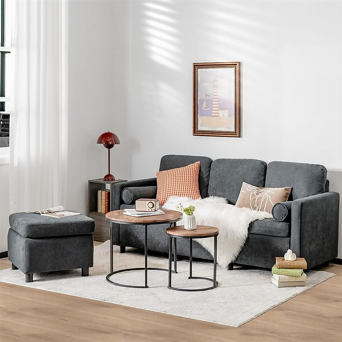 FANCUF Convertible Sectional Sofa 3 Seat L-Shape Couch Movable Ottoman Toweling Fabric