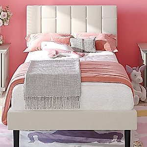 LIKIMIO Twin Platform Bed Frame, Modern Upholstered Bed with Headboard and Wood Slat Support, Noise-Free, No Box Spring Needed, Beige