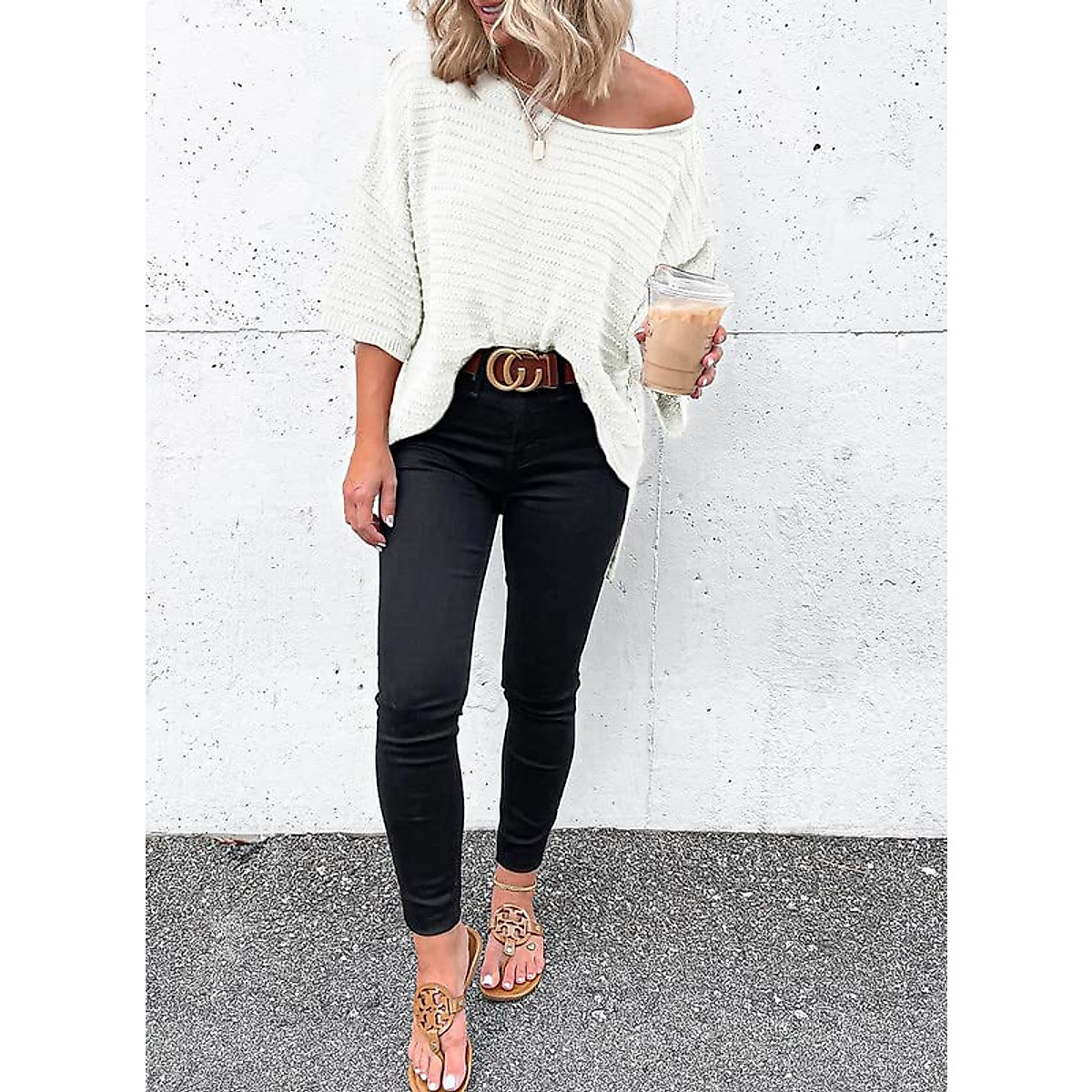 Dokotoo Womens Fashion Juniors Fall Summer Shirts and Blouses for Women 2023 Sweaters T-Shirts Off Shoulder 3/4 Sleeve Tunic Tops Loose Tee Shirts Beige Medium