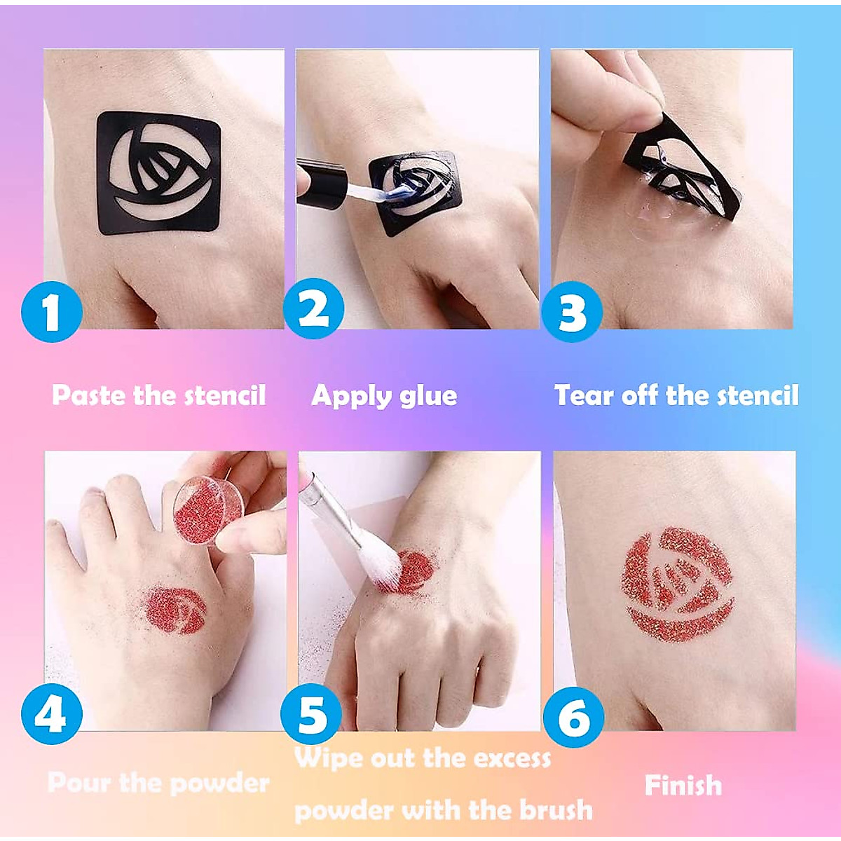 Glitter Tattoos Kit 48 Colors Waterproof Temporary Tattoos with 203 Stencils, 5 Brushes 4 Glue, Body Nail Art, Body Glitter Festival Party (48 Colors)