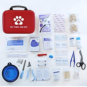 GongXueShu Dog First Aid Kit Home Travel Car First Aid Kit Emergency Kit Dog Travel Accessories – Pet Camping Essentials 101 Pieces with Thermometer and Mini First Aid Pouch & Emergency Collar, Red
