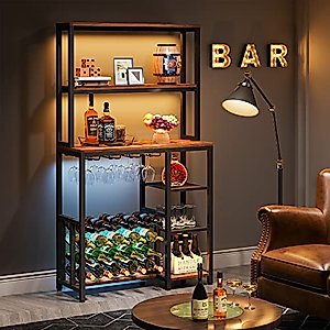 Tribesigns 5 Tiers Wine Rack Table, Bakers Rack with Wine Storage, Wine Rack Freestanding Floor with Glass Stemware Holders,Wine Bar Table for Kitchen, Dinning Room, Rustic Brown