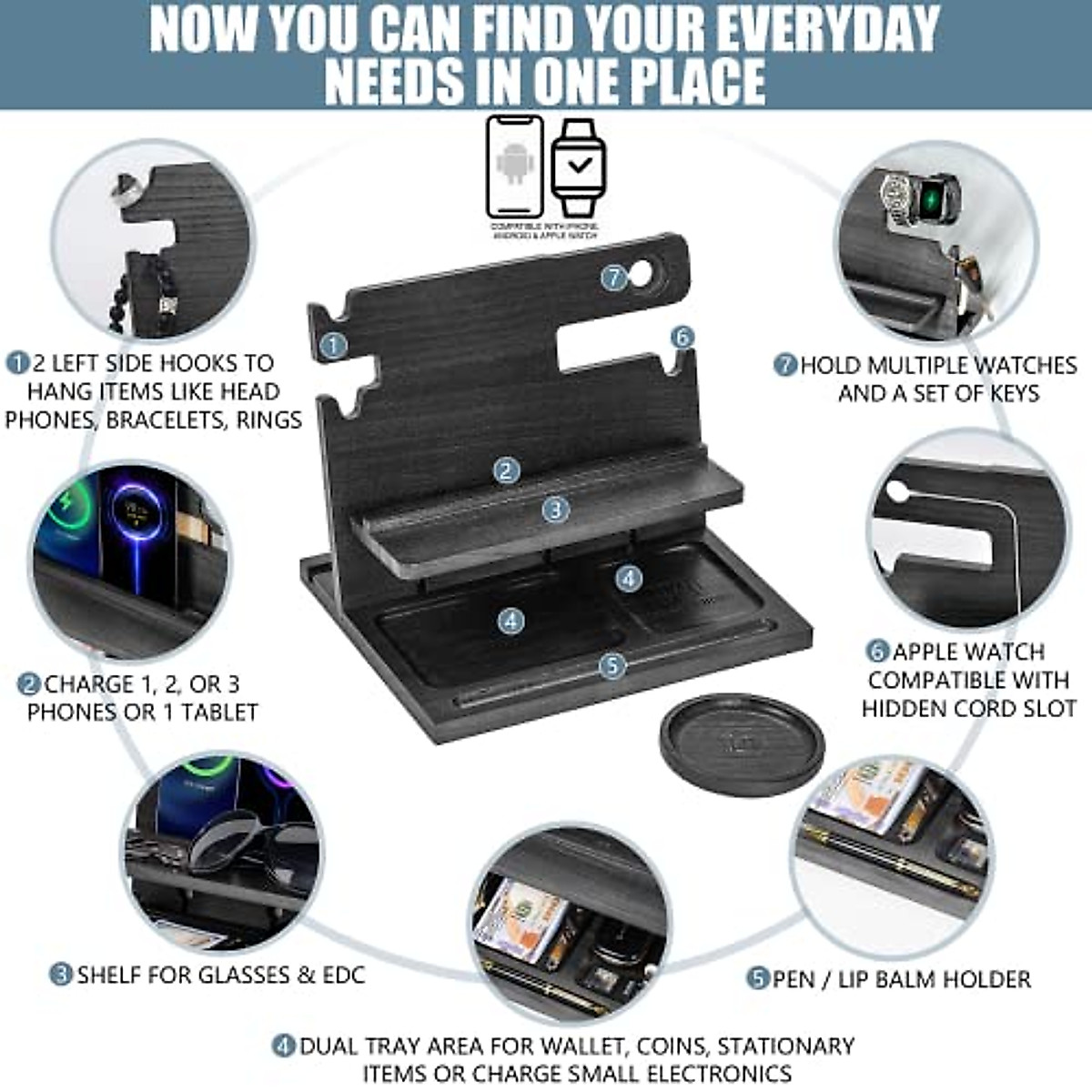 Black Solid Wood Phone Docking Station for up to 3 Phones - Nightstand Organizer for Men & Women Holds Multiple Phones, Tablets, Apple Watch & More - Neatly Stores Keys, Rings, Glasses & EDC