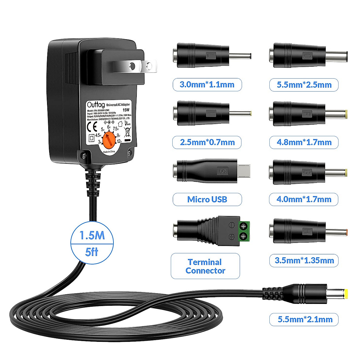 15W Universal AC Adapter 3V 4.5V 5V 6V 7.5V 9V 12V 0.5A 1A 1.25A MAX Multi Voltage Switching Power Supply Replacement for Household Electronics Routers CCTV IP Cameras Smartphone Speakers