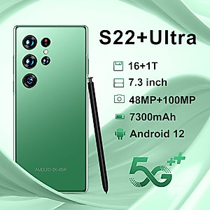 2023 Global Version S22 Ultra Smartphone 7.3INCH 5G Mobile Phones 16GB RAM 1TB ROM Cell Phone Facial Fingerprint Unlocking ID Dual Sim Card,Green-1TB