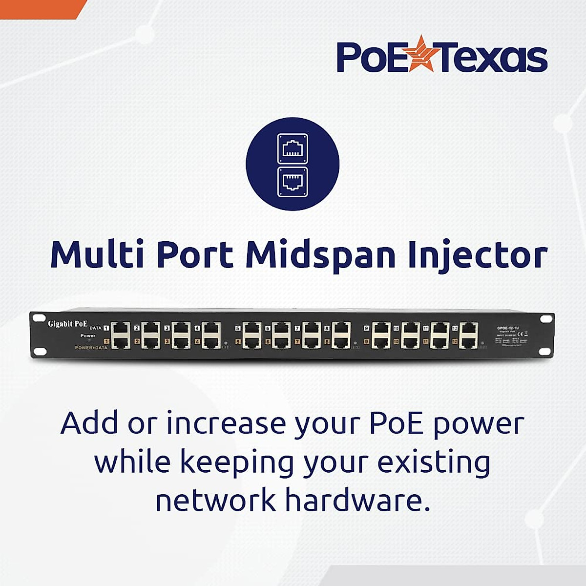 PoE Texas - PoE Injector - 12 Port Gigabit Passive Midspan Injector with 48V 120 Watt UL Power Supply - Power Over Ethernet for 802.3af or at (PoE+) Devices VoIP Phone, WiFi Access Point, IP Camera