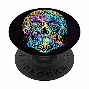 Cool Sugar Skull Mexican Design Colorful Paint Art on Black PopSockets PopGrip: Swappable Grip for Phones & Tablets